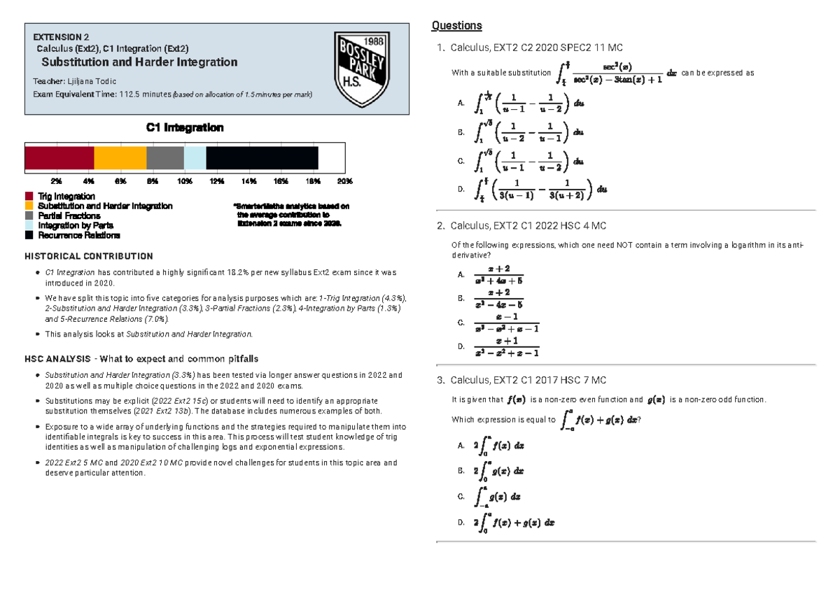 2023 Substitution and Harder Integration - EXTENSION 2 Calculus (Ext2 ...