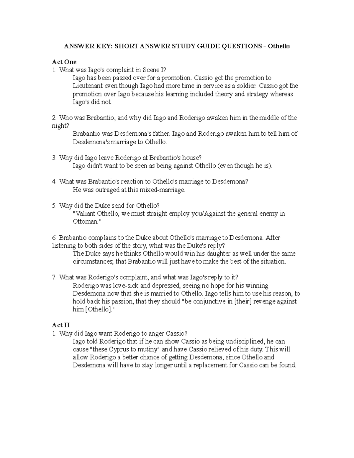 Othello Study Guide Answer Key: Act I to Act V Insights (439501307 ...