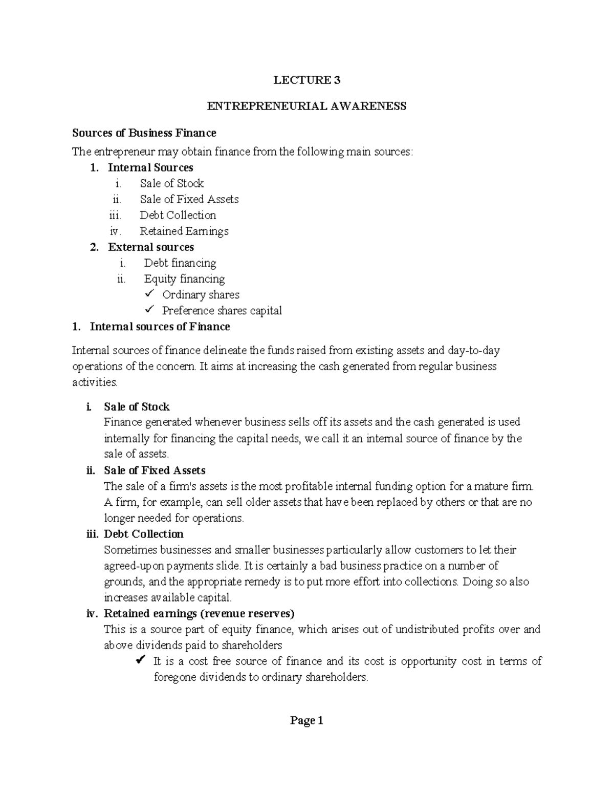 LECTURE 3: ENTREPRENEURIAL AWARENESS - SOURCES OF BUSINESS FINANCE ...
