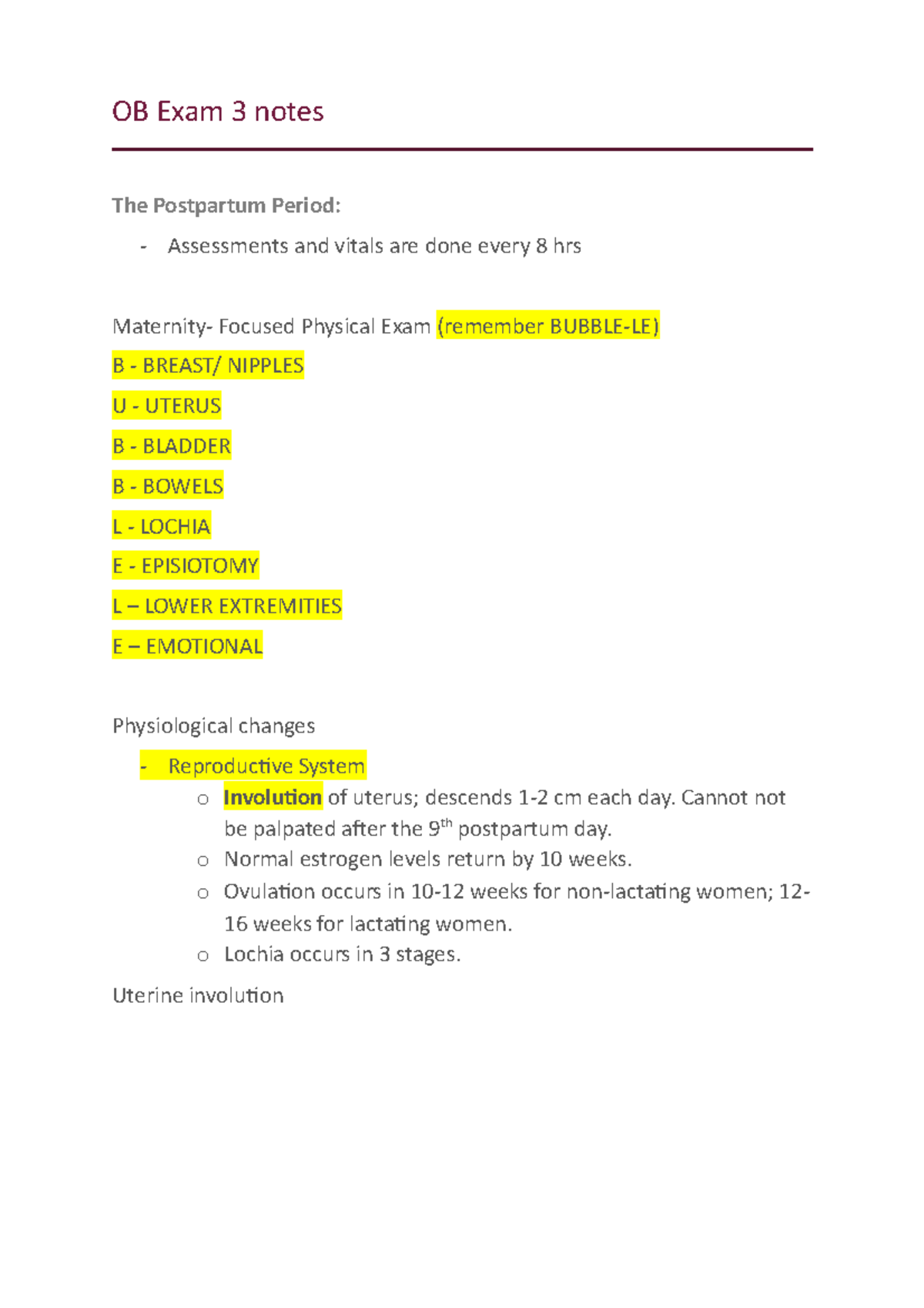 OB 301 - Exam 3 Study Guide: Key Postpartum Care Concepts - Studocu