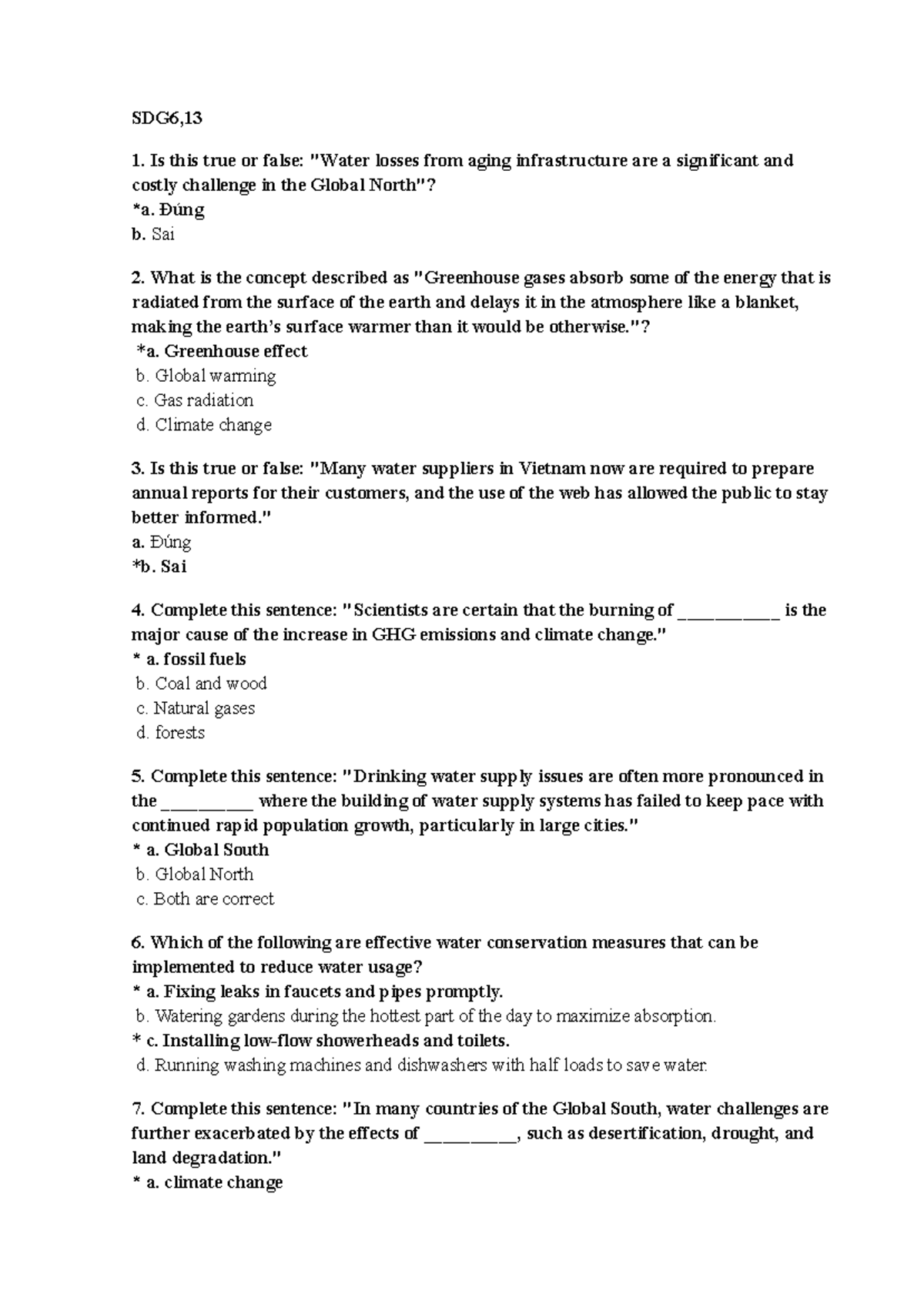 MC5 - Trắc nghiệm tham khảo về SDG 6 và 13 - Studocu