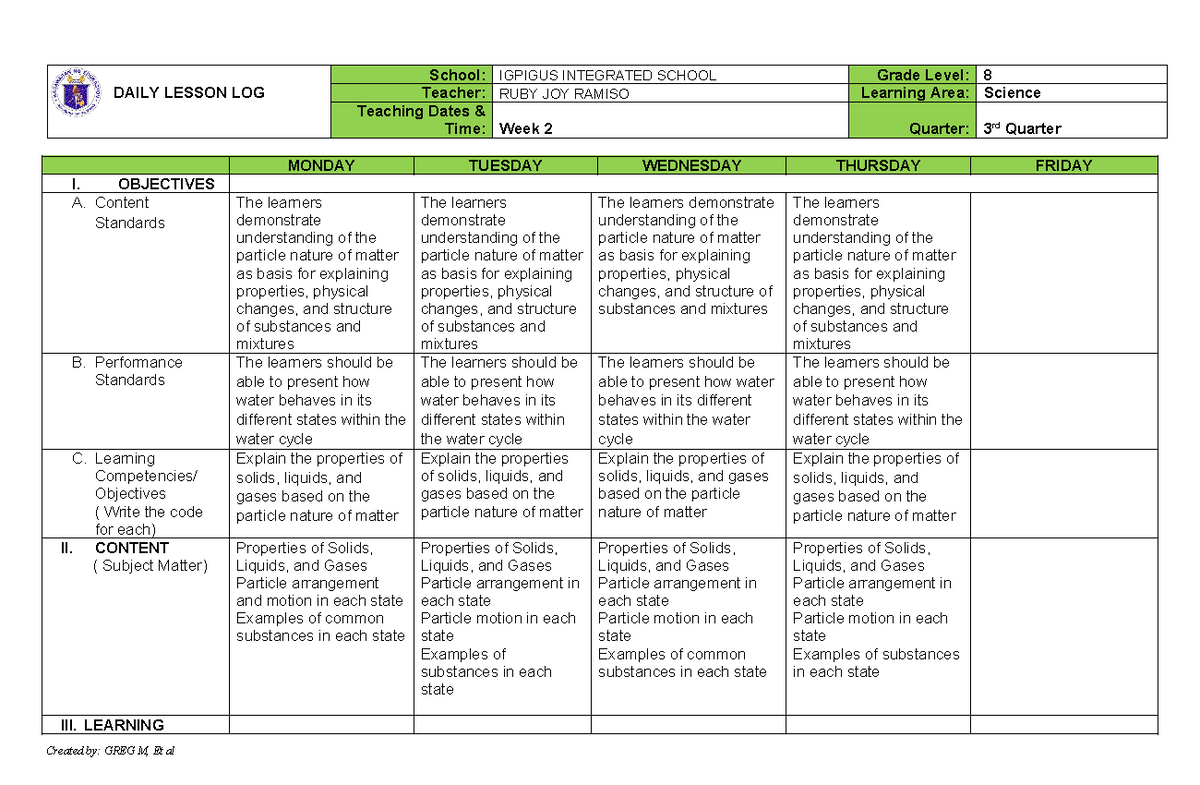 Science 8 Q3 WK2 done - DAILY LESSON LOG School: IGPIGUS INTEGRATED ...