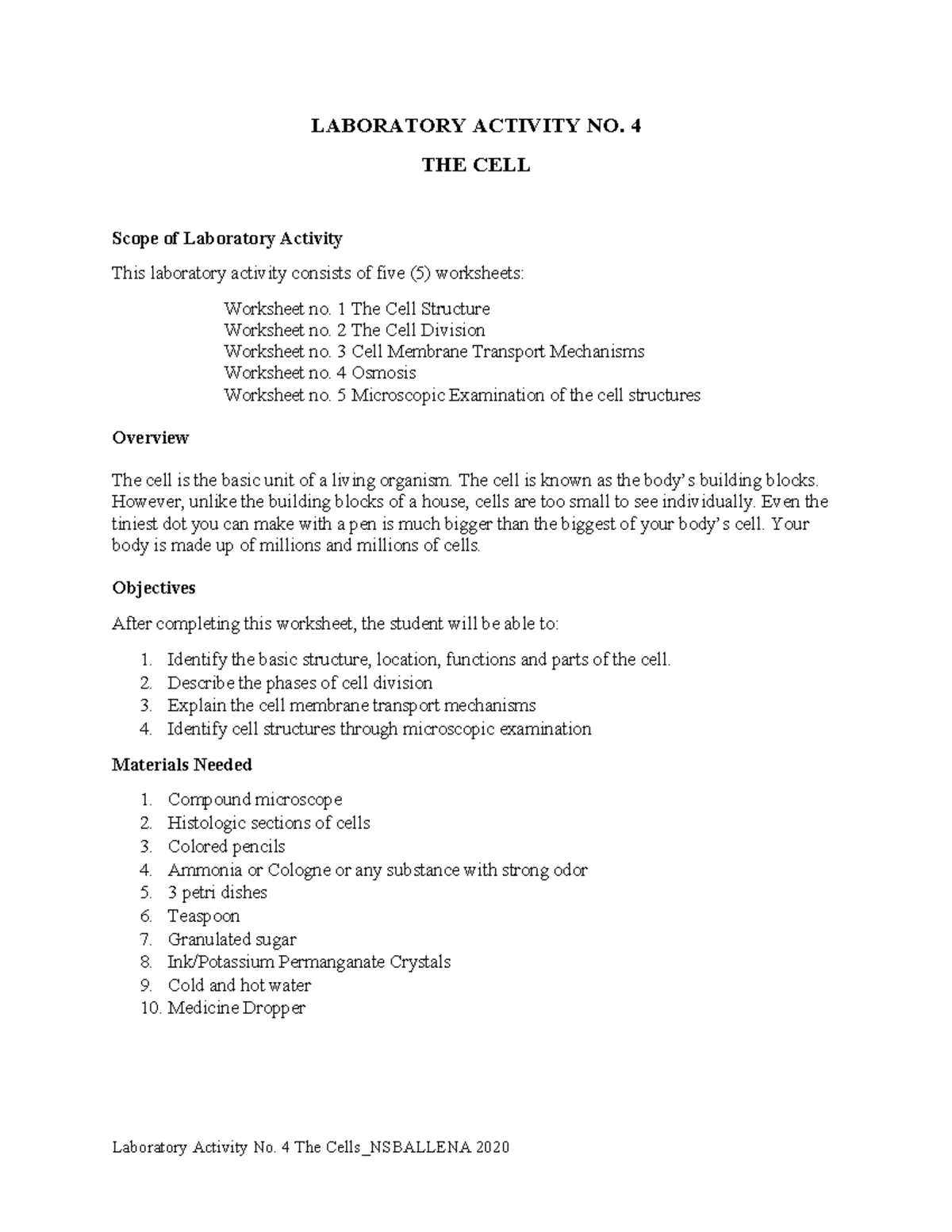 LAB ACTIVITY NO. 4: THE CELL - Structure, Division & Transport - Studocu