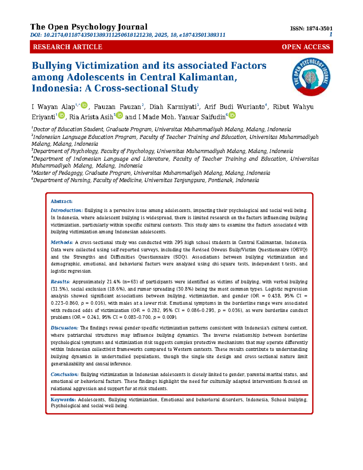 Bullying Victimization and Associated Factors in Indonesian Adolescents ...