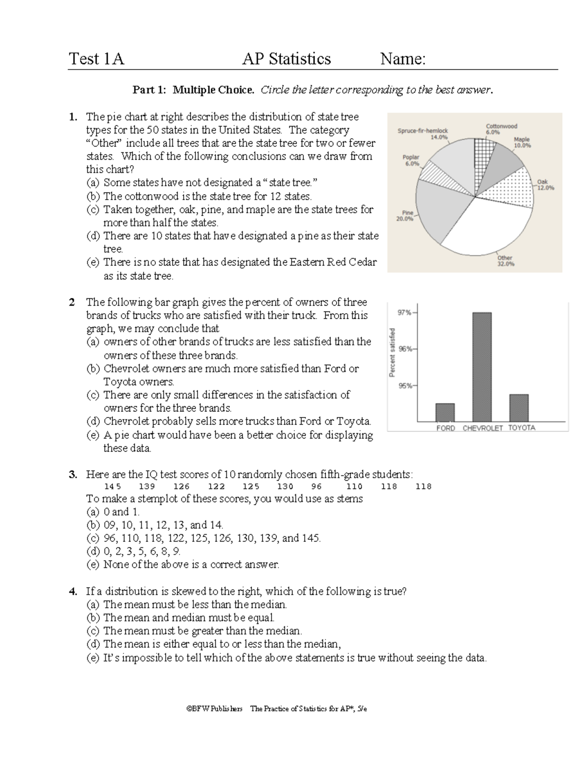 Test 1a - This is a practice test for AP statistics - Test 1A AP ...