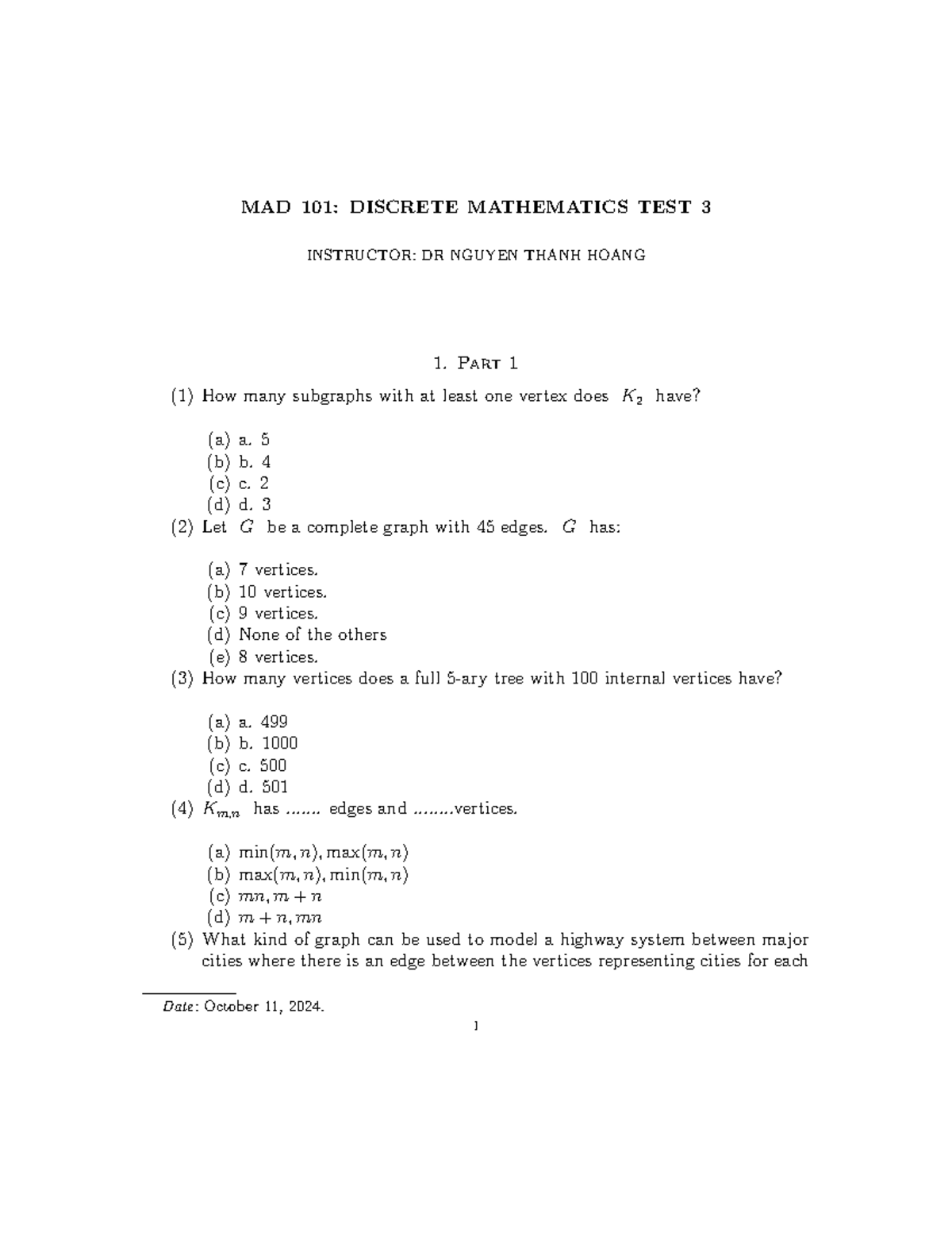 MAD PT3 - Final Test 3 - Graph Theory Concepts and Problems - Studocu