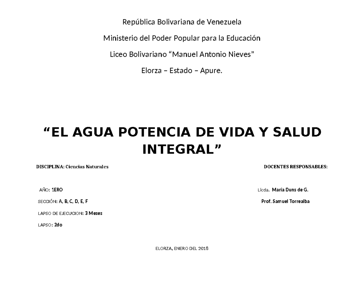 Proyecto de Ciencias Naturales II: Agua, Fuente de Vida y Salud - Studocu