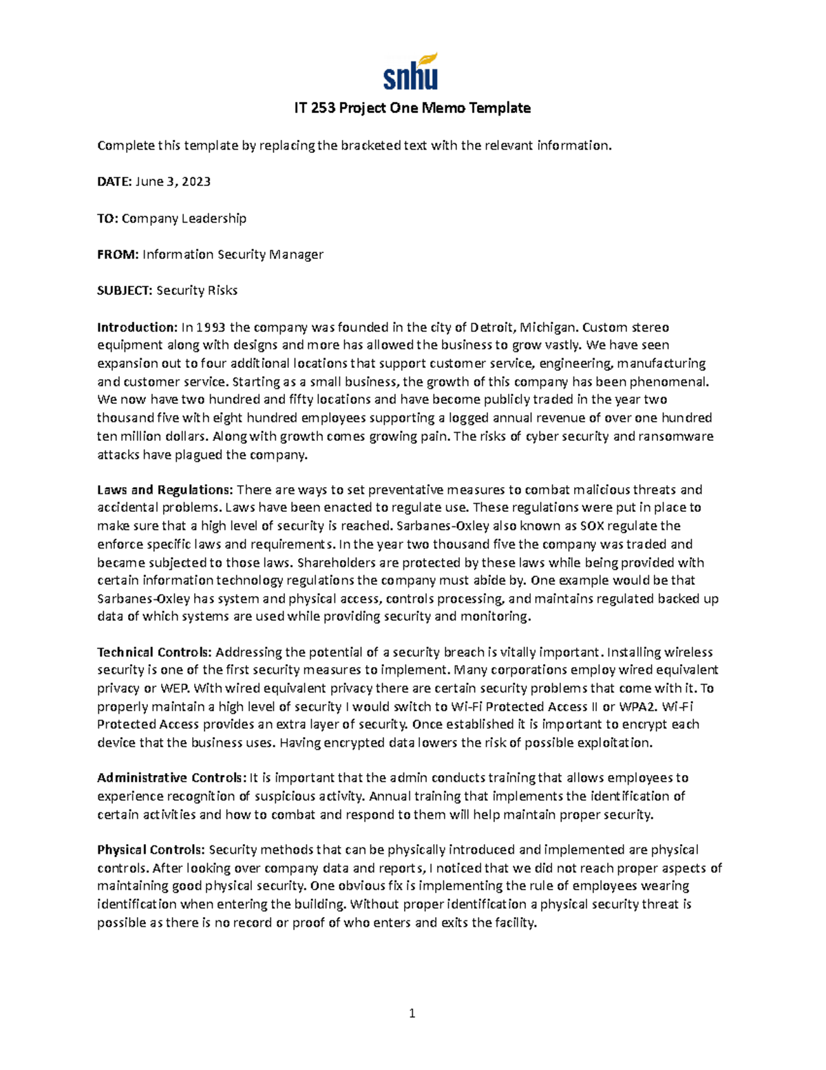 IT 253 Project One: Security Risks Memo and Recommendations - Studocu