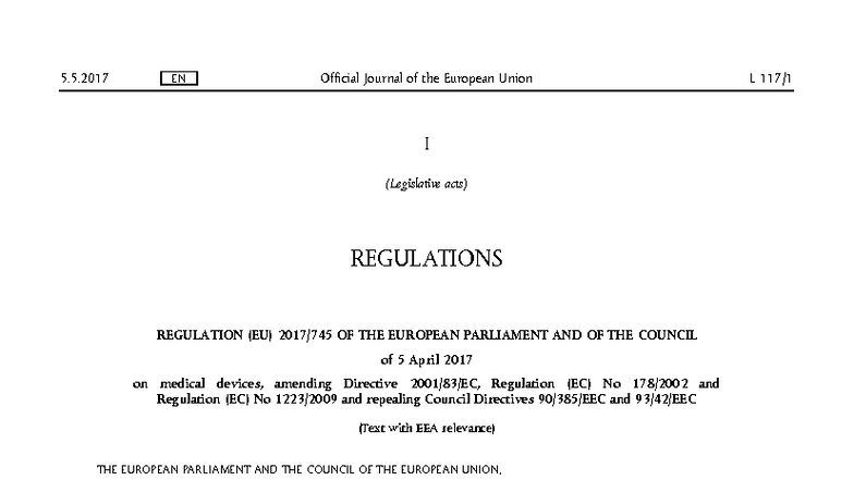 Regulation (EU) 2017/745 on Medical Devices - Official Journal L 2017 ...