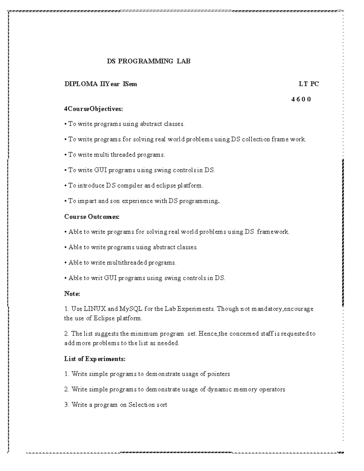 CS 4600 Data Structures Lab Manual - Diploma II Year I Sem - Studocu