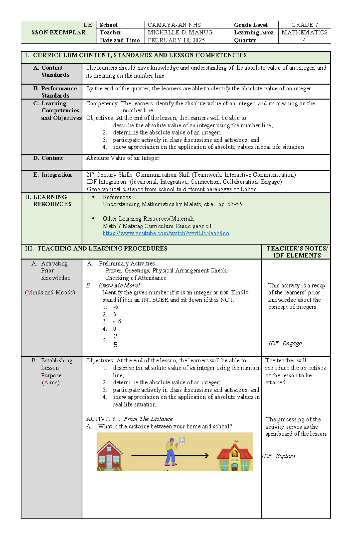 Matatag Lesson Plan: Absolute Value of Integers for Grade 7 Math - Studocu