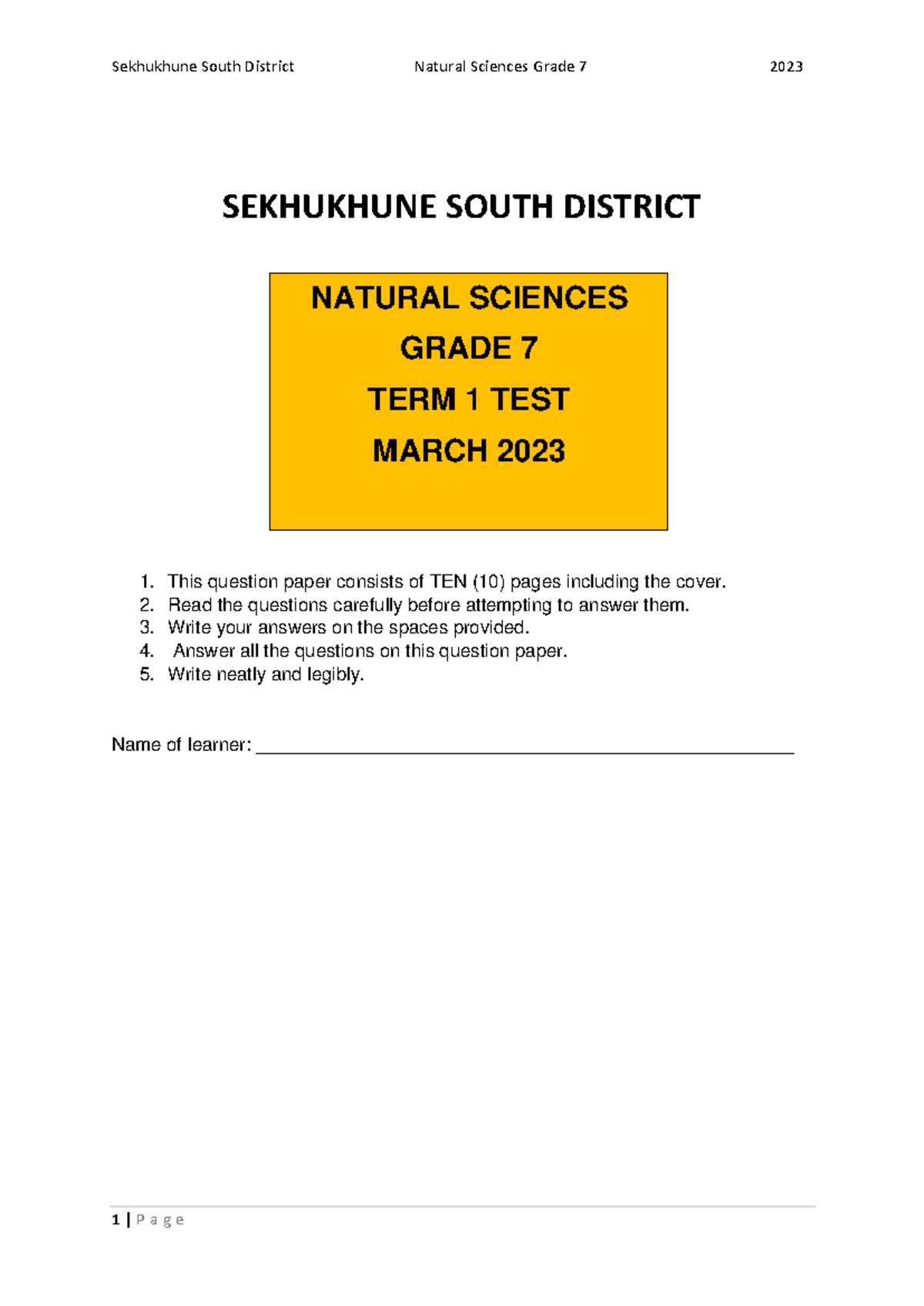 Grade 7 Natural Sciences Term 1 Test - Sekhukhune South District March ...