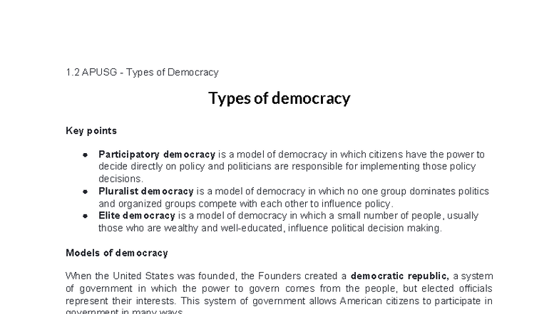 1.2 APUSG Types of Democracy: Key Models Explained - Studocu