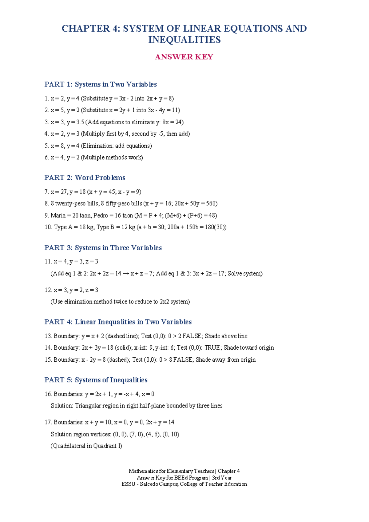 CHAPTER 4: ANSWER KEY FOR SYSTEMS OF LINEAR EQUATIONS & INEQUALITIES ...