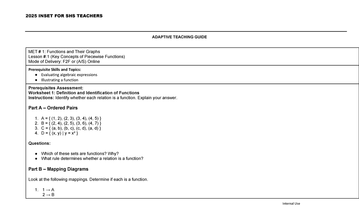 2025 INSET FOR SHS TEACHERS: Adaptive Teaching Guide on Piecewise ...