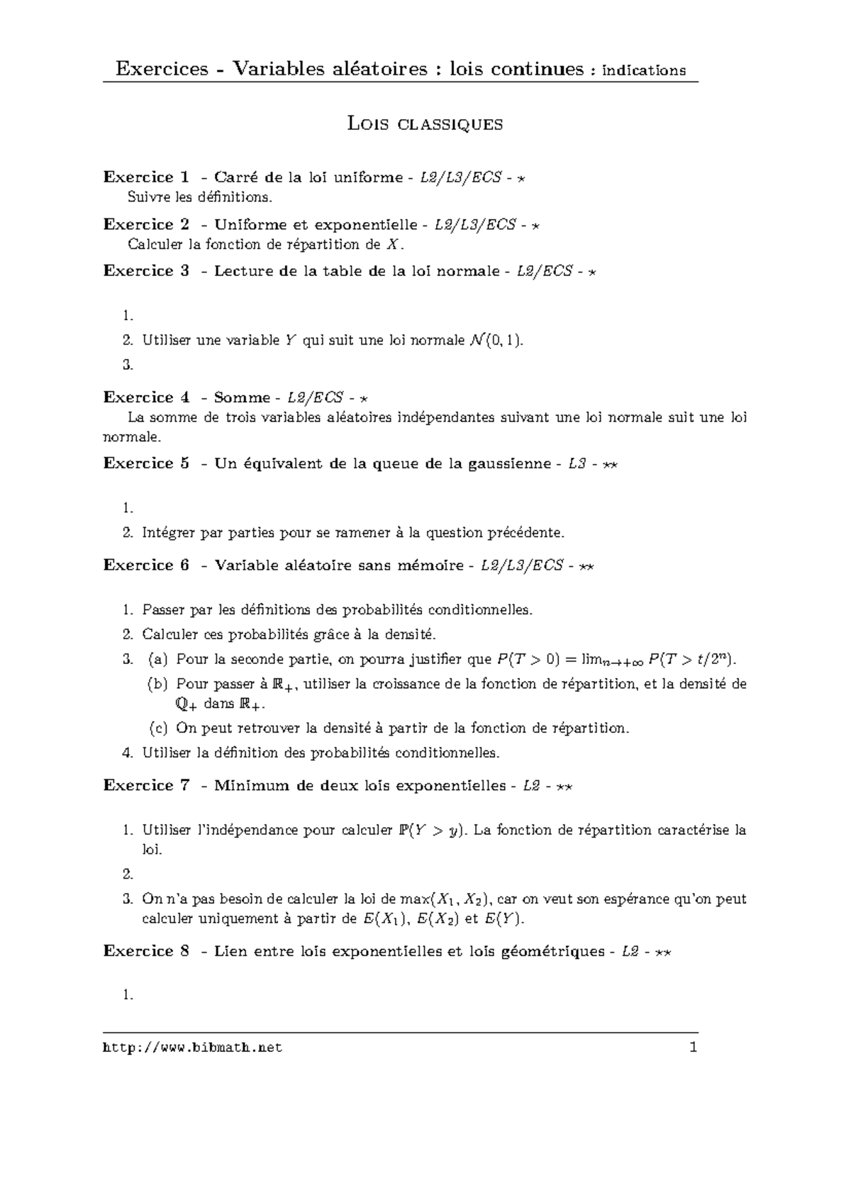 Exercices sur les Variables Aléatoires : Lois Continues L2 - Studocu