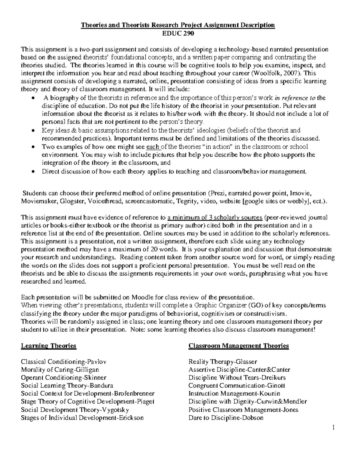 EDUC 290 Theories & Theorists Research Project: Presentation Guide ...