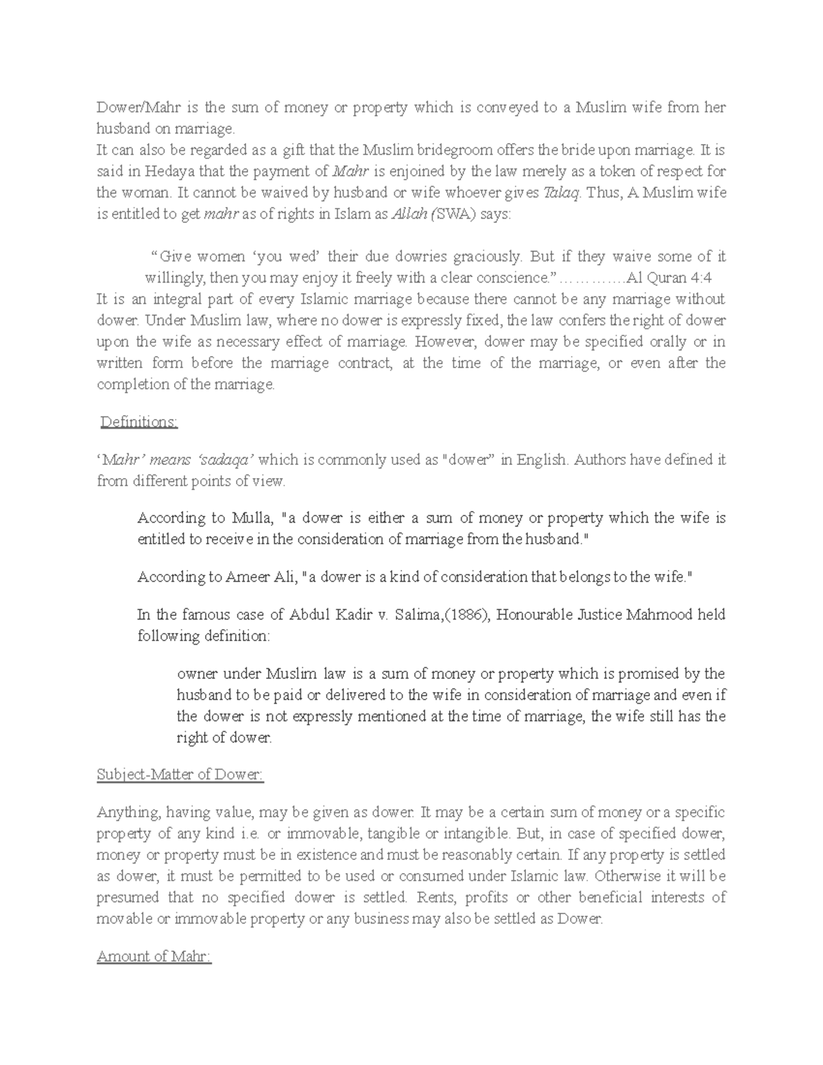 Dower and Mahr in Islamic Marriage: Rights and Classifications - Studocu