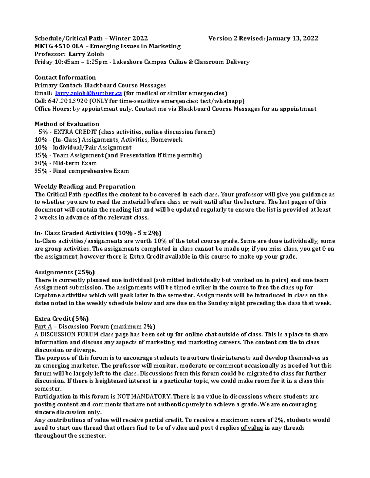 Critical Path & Schedule for MKTG4510 0LA - Winter 2022 Version 2 - Studocu