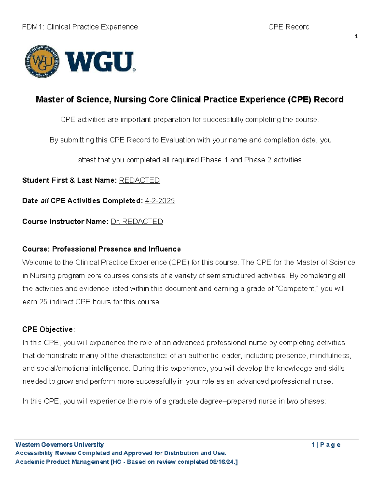 CPE Record and Activities for Professional Presence and Influence (NURS ...