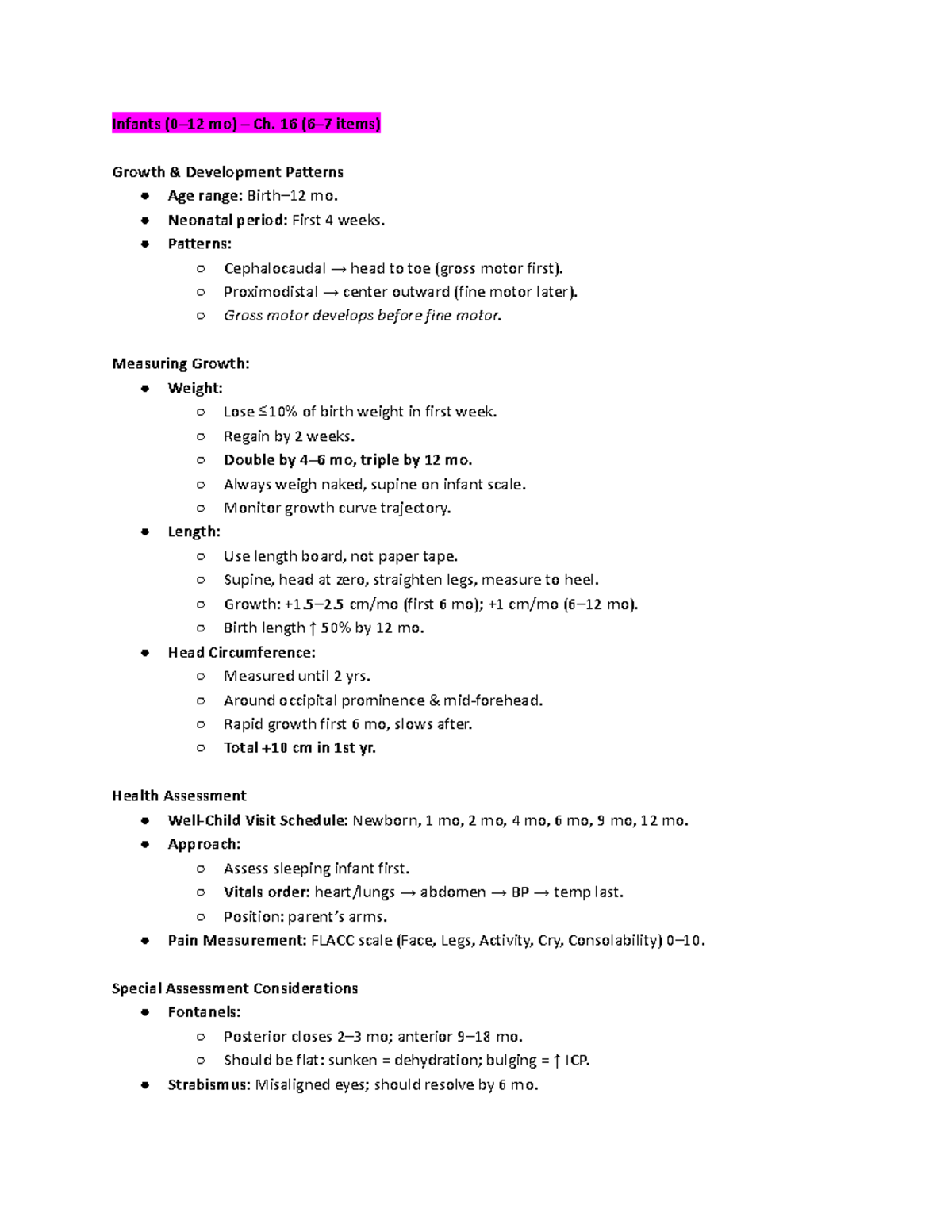 PEDS Notes: Growth & Development Patterns in Infants (Ch. 16) - Studocu
