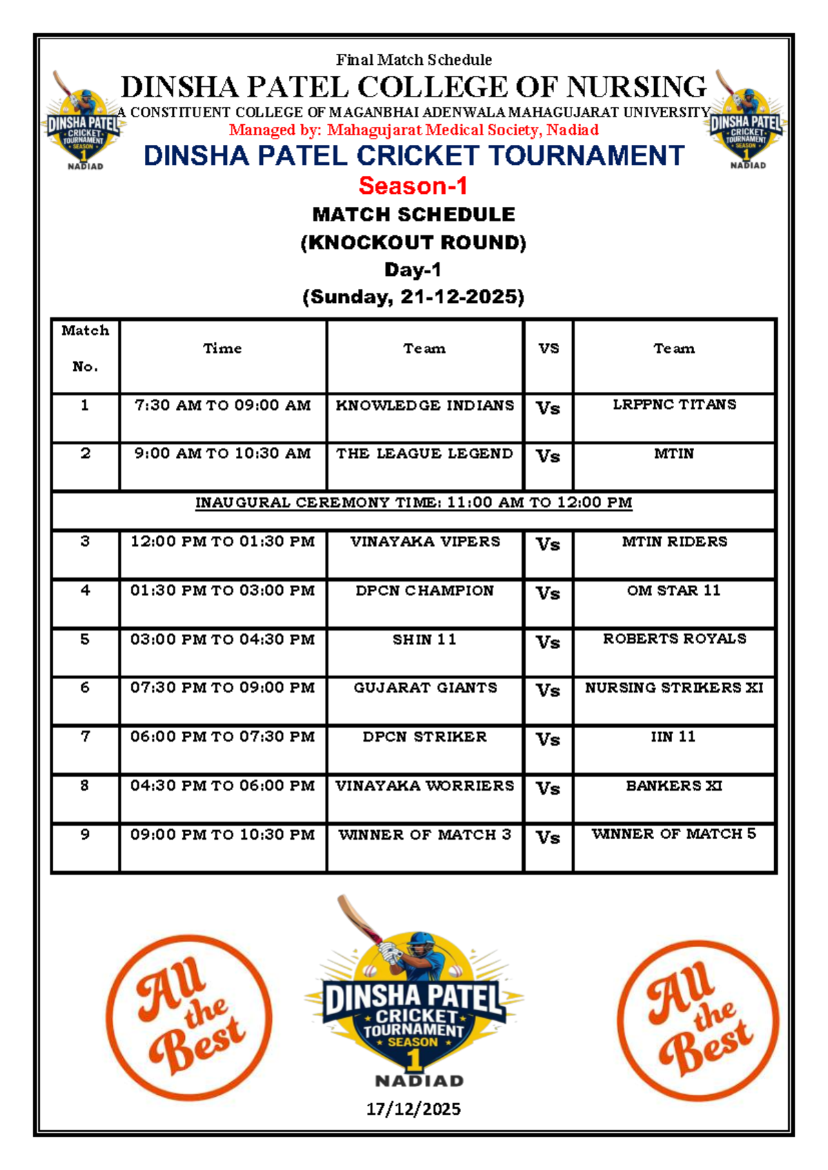 DPCN Cricket Tournament Knockout Round Match Schedule - Studocu