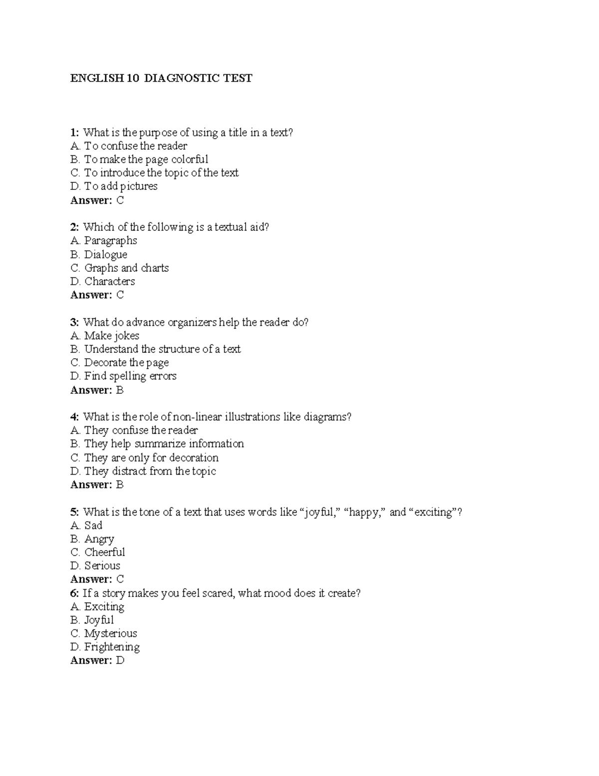 ENGLISH 10 DIAGNOSTIC TEST: Understanding Textual Elements and Themes ...