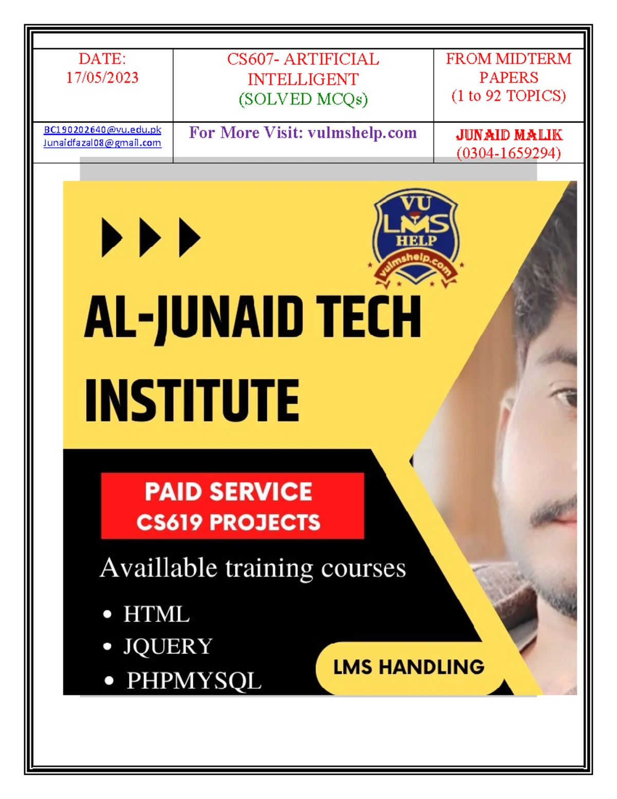 Cs607 Midterm Solved Mcqs By Junaid Cs607 Artificial Intelligent Mid
