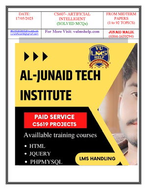 CS607 Final Term MCQs - Done - CS607- Artificial intelligence Solved ...