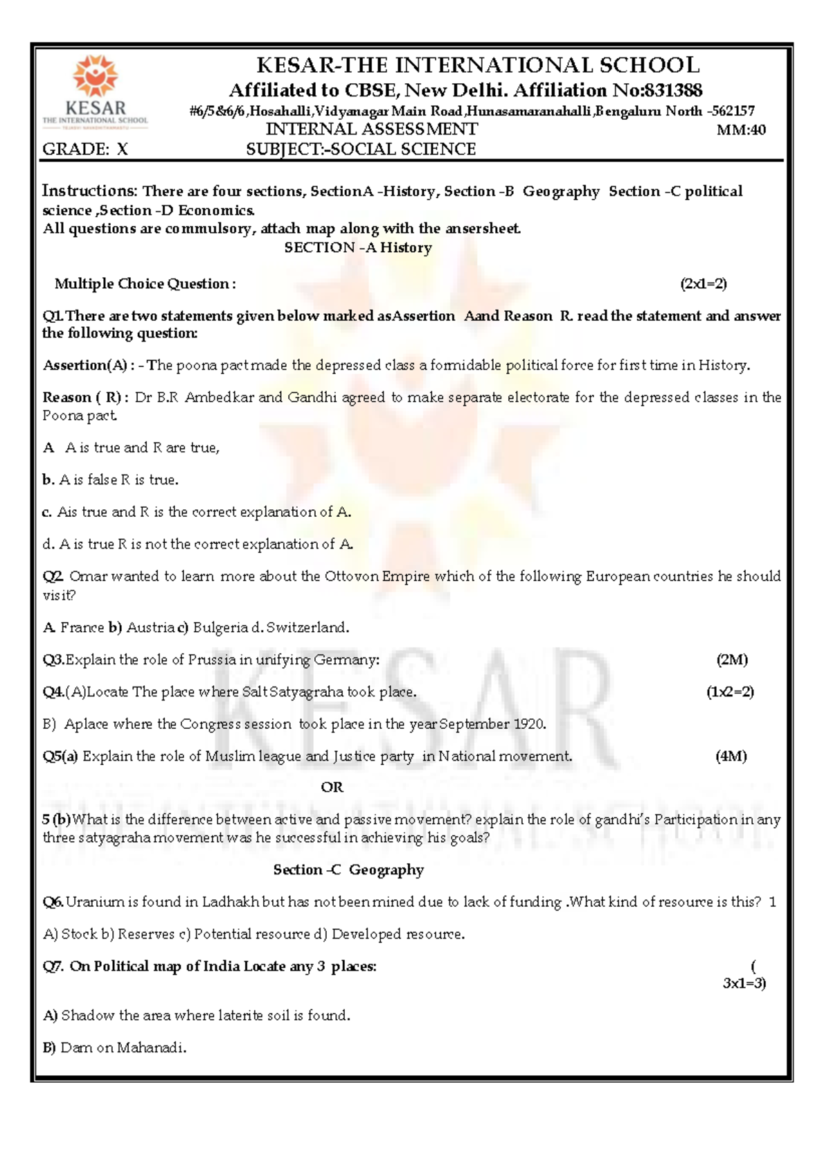 Class 10 Internal Assessment: Science, Geography, Political Science ...
