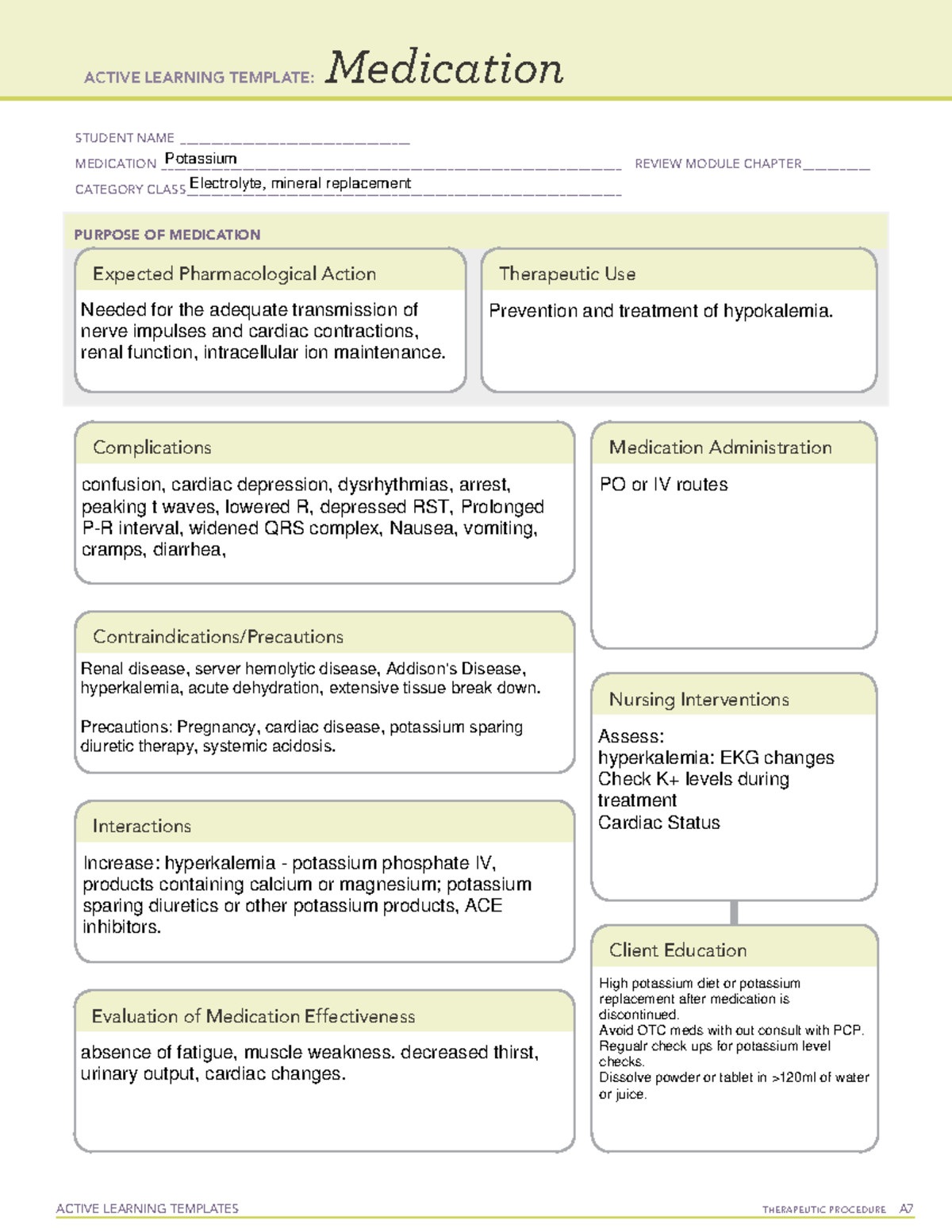 Potassium: Drug Card Active Learning Template for Nursing Students ...