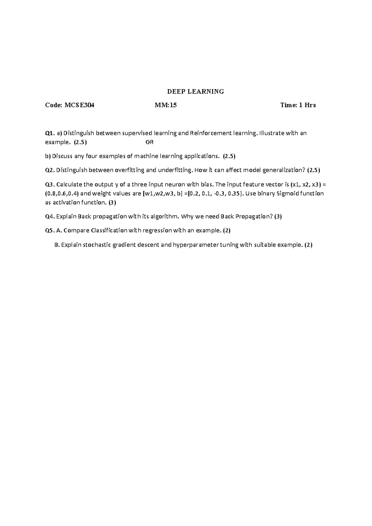 Deep Learning Exam Questions - MCSE304 - Minor 2019 - Studocu