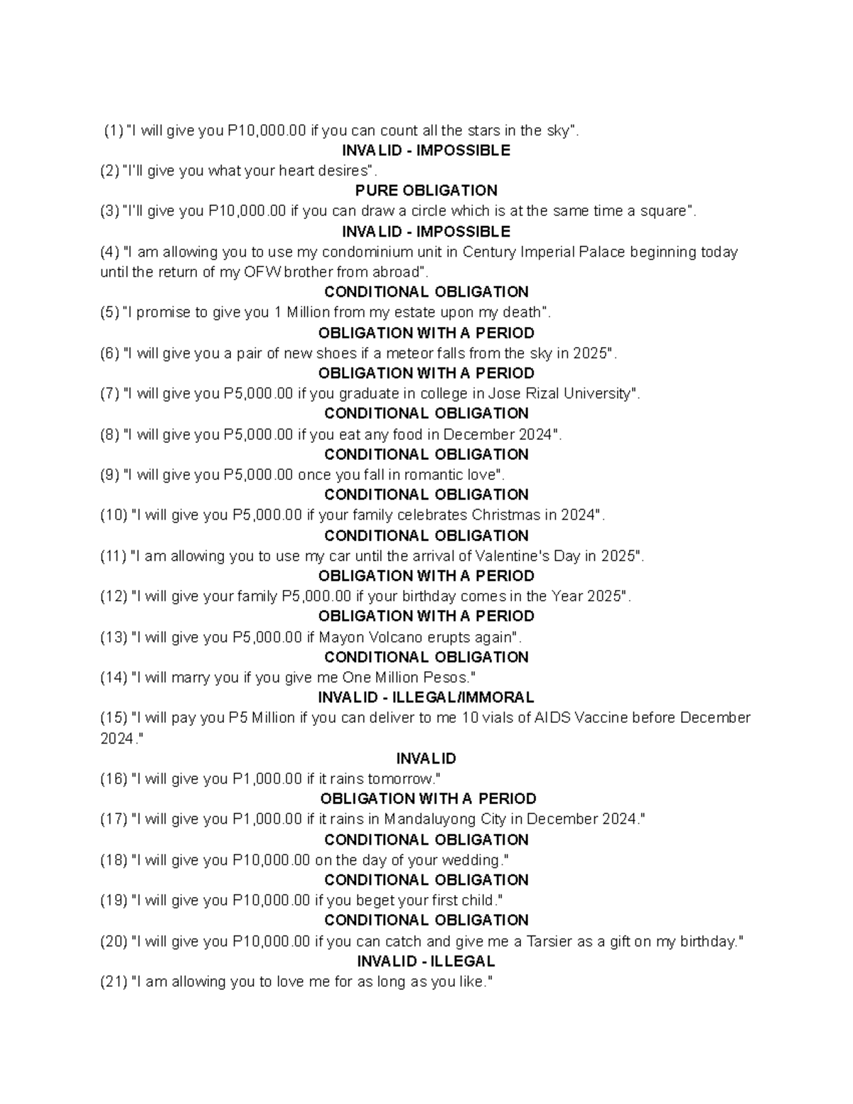 Oblicon 201A Practice Problem - (1) “I will give you P10,000 if you can count all the stars in ...