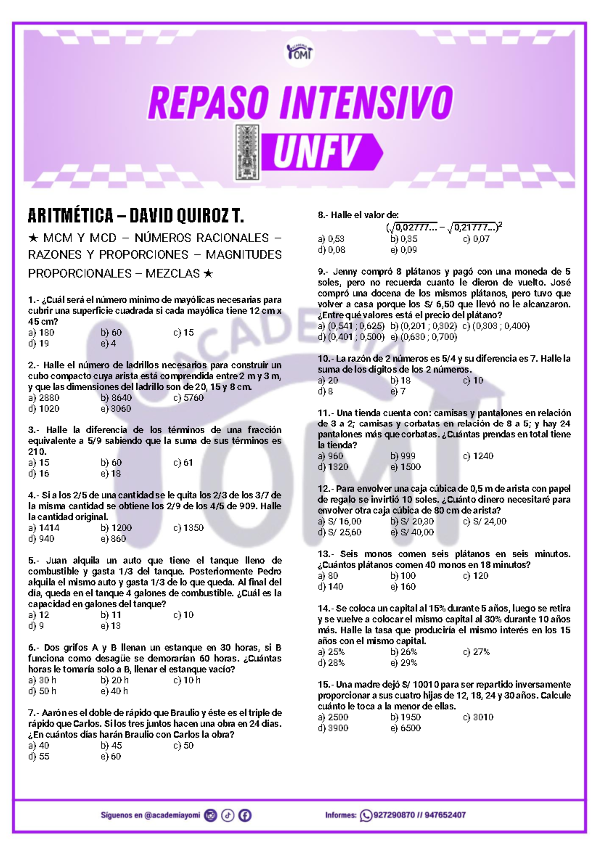 Repaso Intensivo UNFV - Aritmética SEM 2: Ejercicios y Problemas - Studocu
