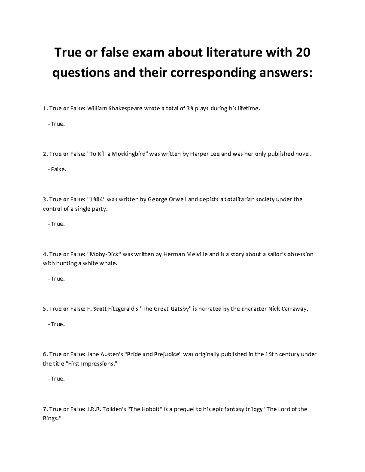Literature True or False Exam (20 Qs) - Answers Included - Studocu