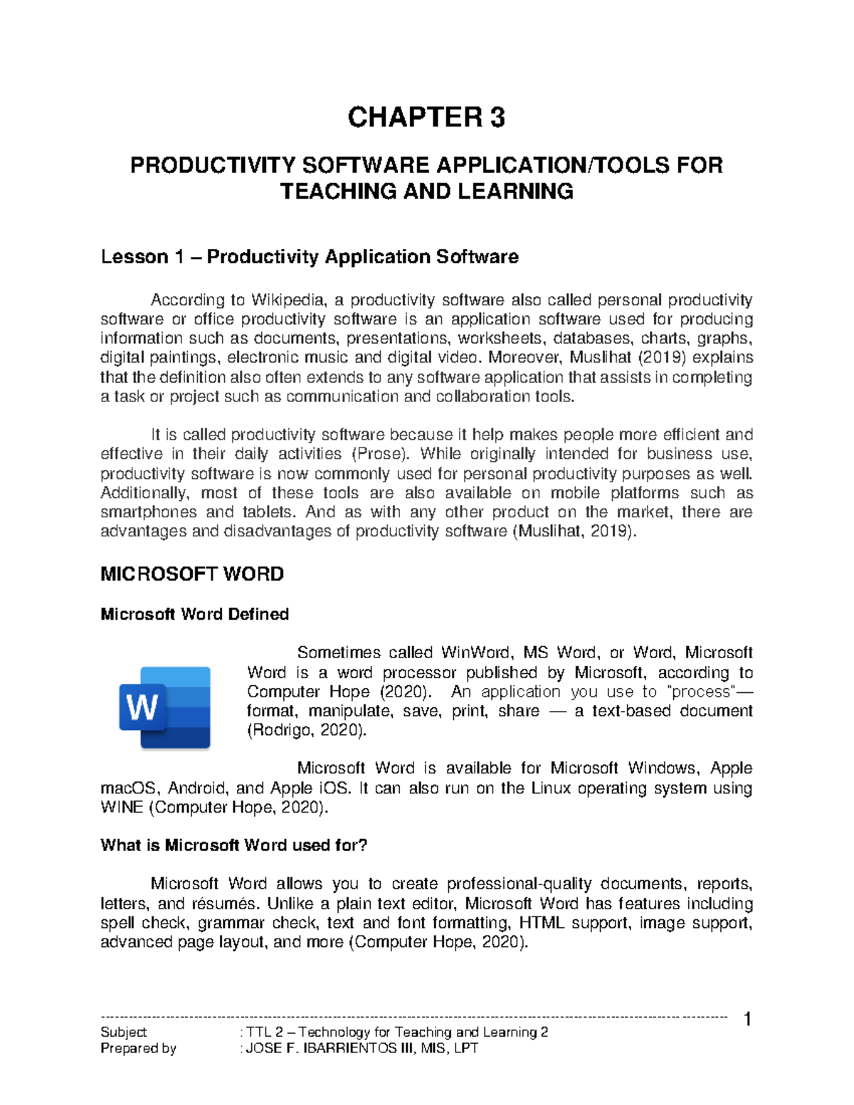 TTL 2 - Lesson on Productivity Software Applications in Teaching - Studocu
