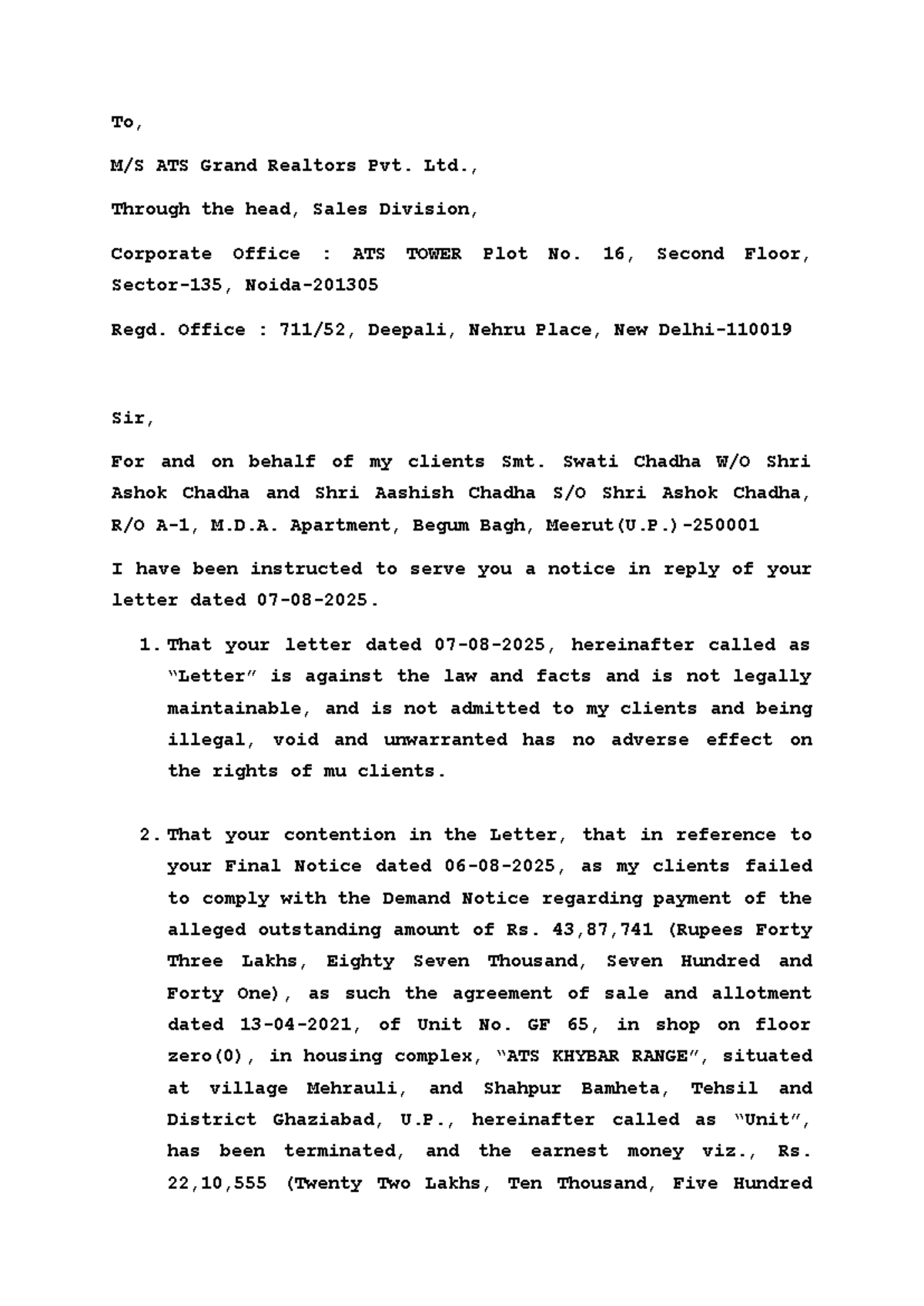 Legal Notice to ATS Grand Realtors Pvt. Ltd. Regarding Allotment ...