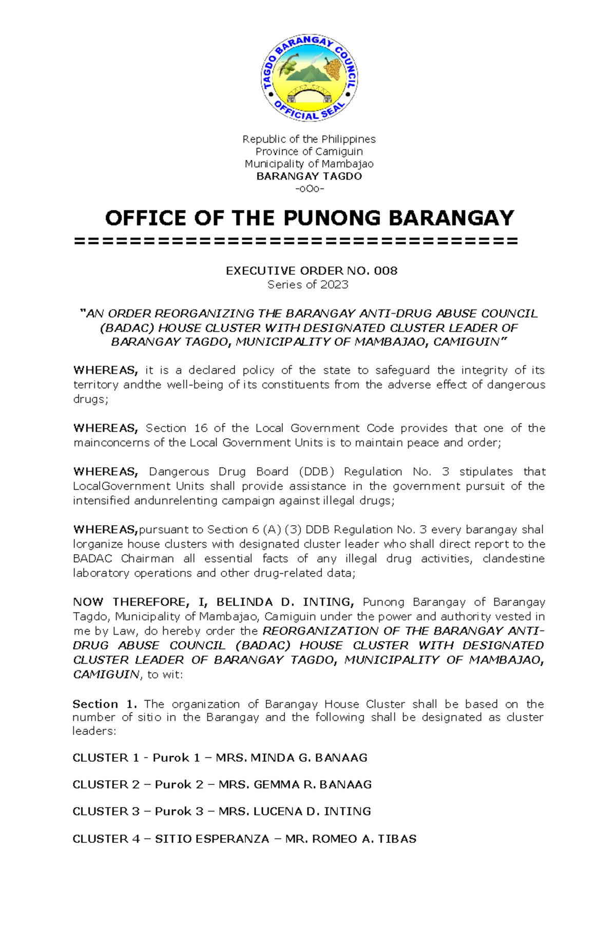 Reorganization of BADAC House Cluster - Executive Order No. 008 2023 ...