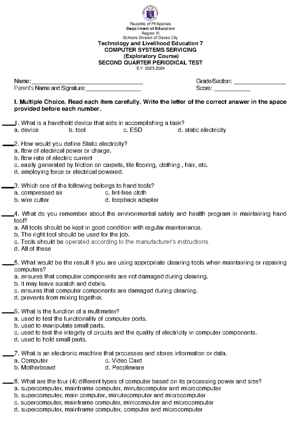 Periodical Exam TLE 7 - Computer Systems Servicing (Q2) - Studocu