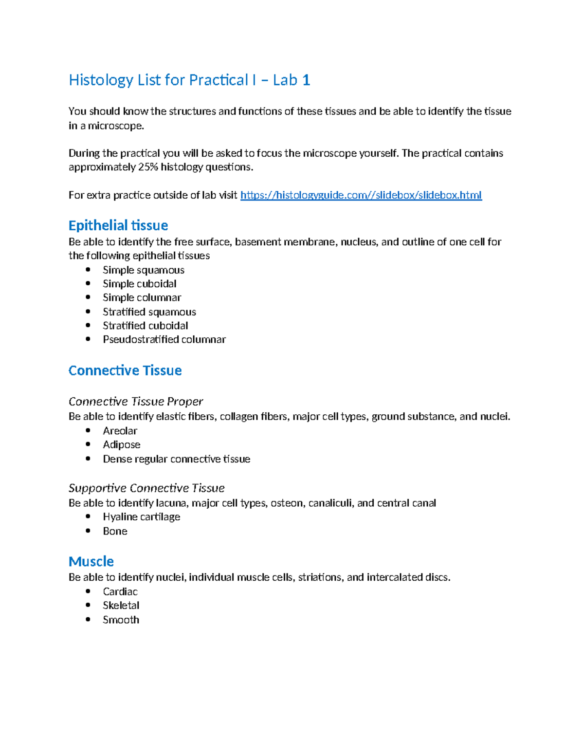 Histology Practical I Lab: Tissue Structures & Functions Guide - Studocu