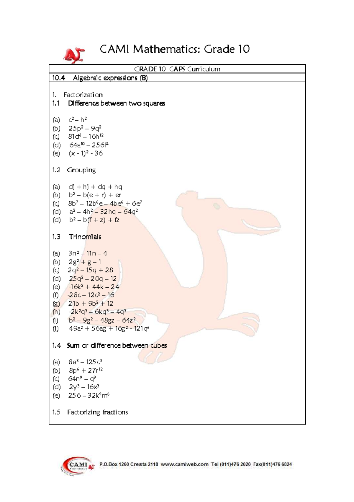 CAMI Mathematics: Grade 10 - Factorization Notes - Studocu