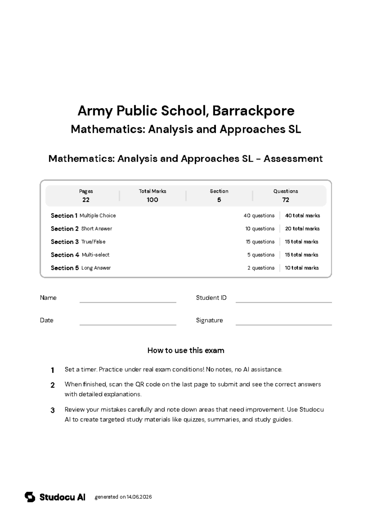 Mathematics: Analysis and Approaches SL - Assessment - Studocu