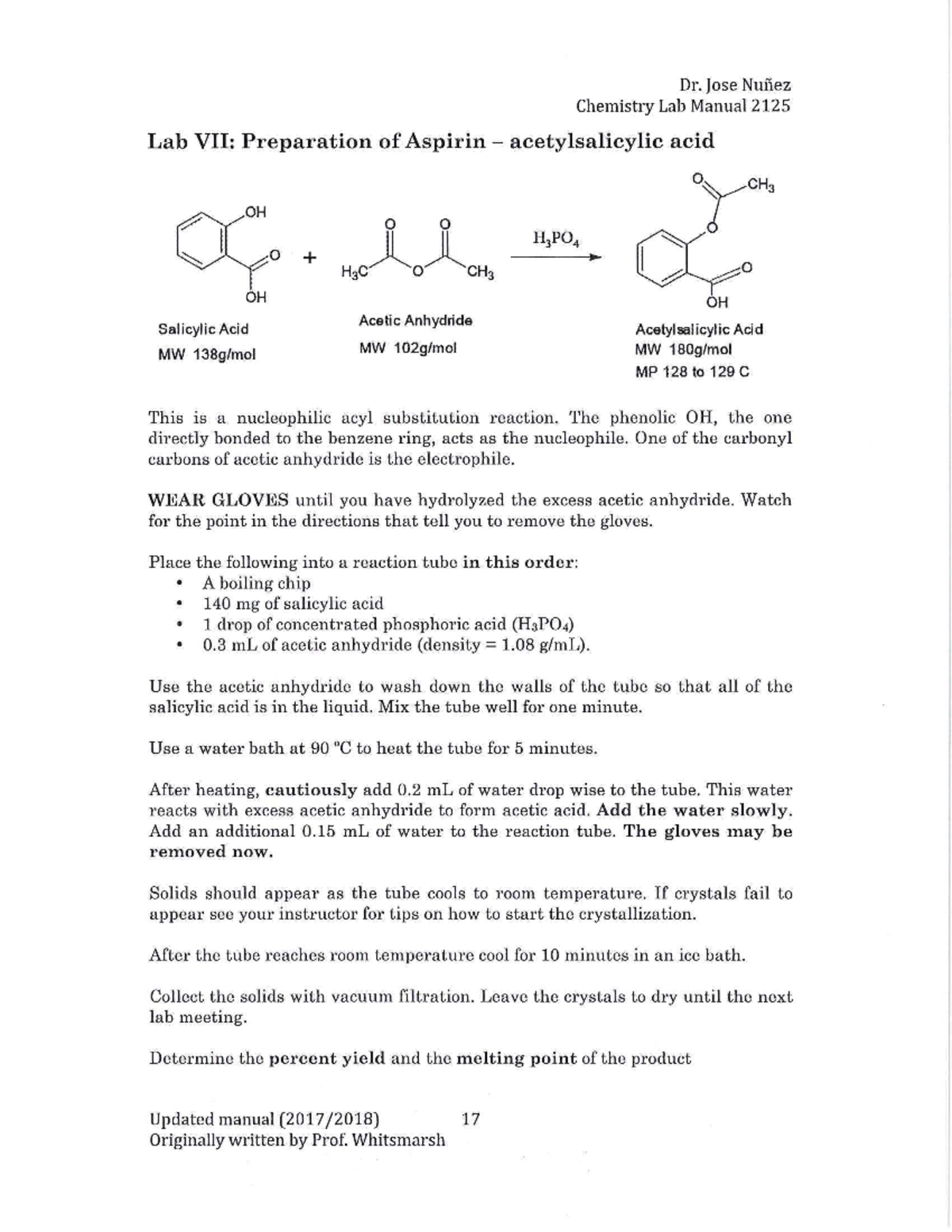 Chemistry Lab Manual 2125: Lab VII - Aspirin Preparation Guide - Studocu