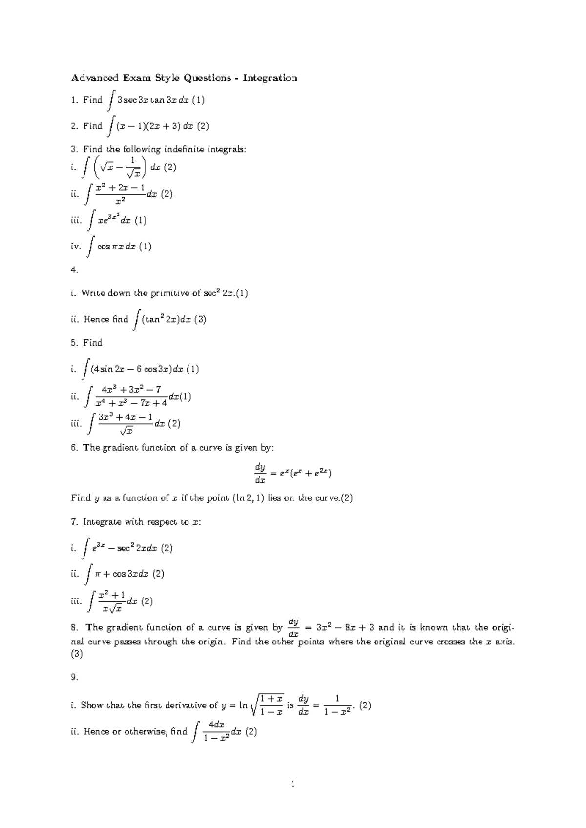 Adv Integration Worksheet Exam Questions (MATH 101) - Studocu