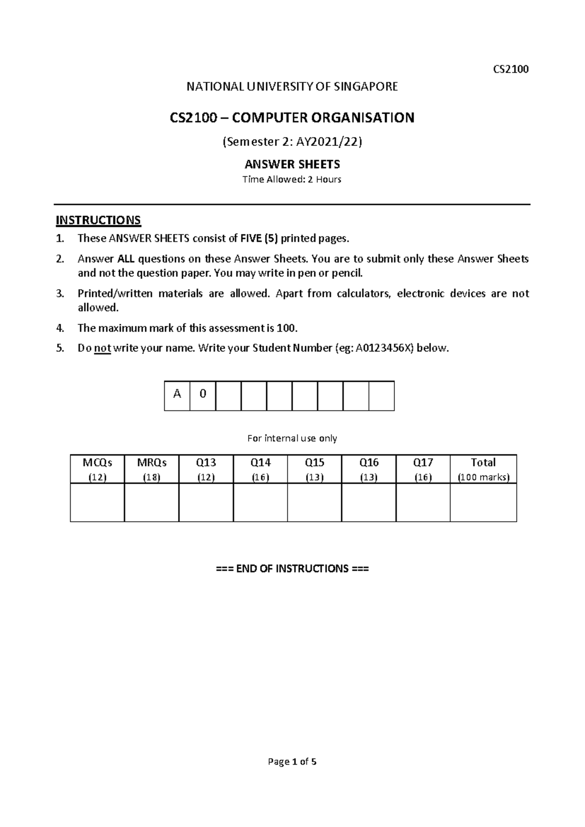 CS2100 Final Exam Answer Sheet - Computer Organisation (Sem 2) - Studocu