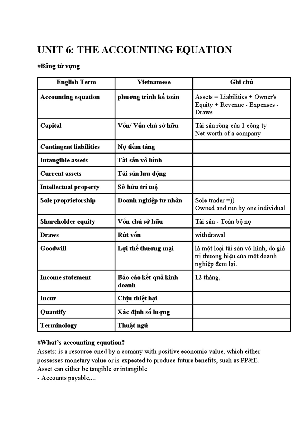 UNIT 6: THE ACCOUNTING EQUATION - Vocabulary & Key Concepts - Studocu