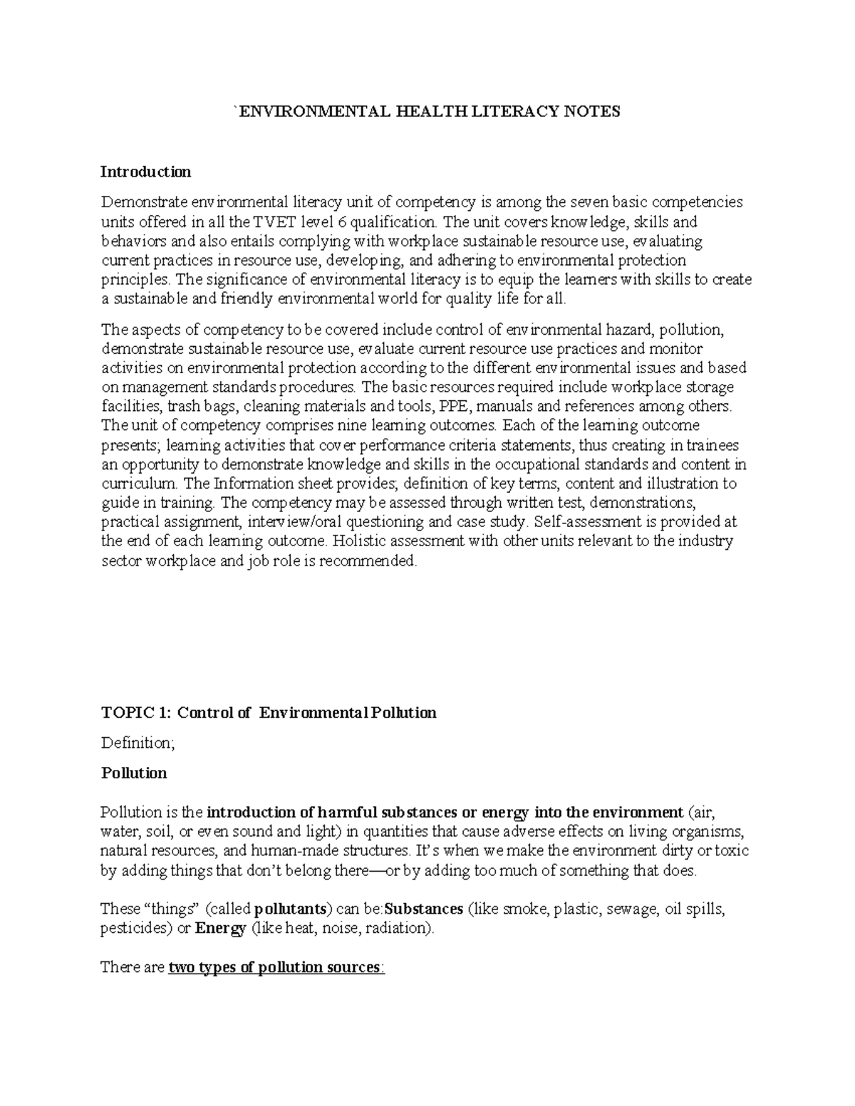 HEALTH LITERACY NOTES: Environmental Literacy Unit Overview - Studocu