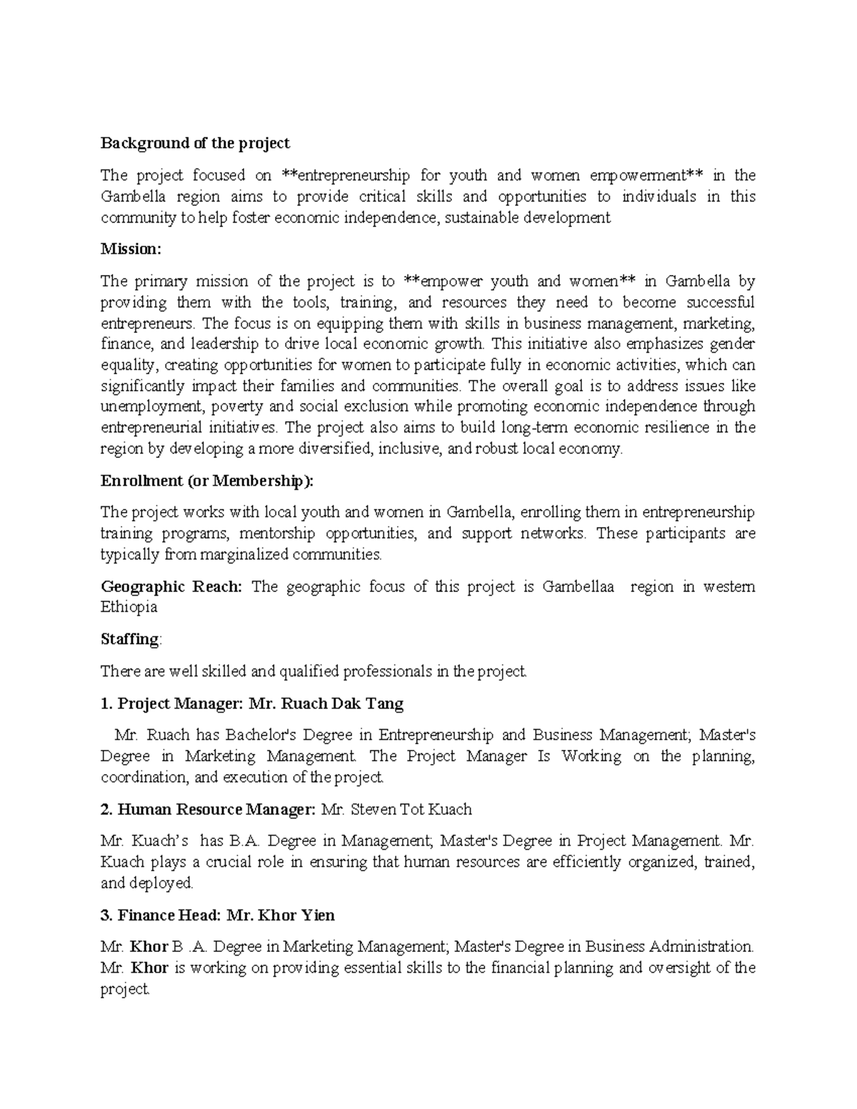 Empowering Youth & Women in Gambella: Project Background Overview - Studocu