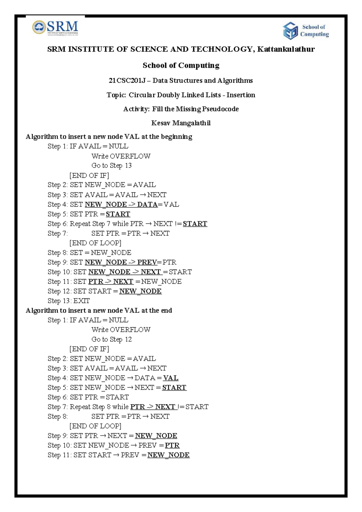 21CSC201J Data Structures: Circular Doubly Linked Lists Insertion - Studocu