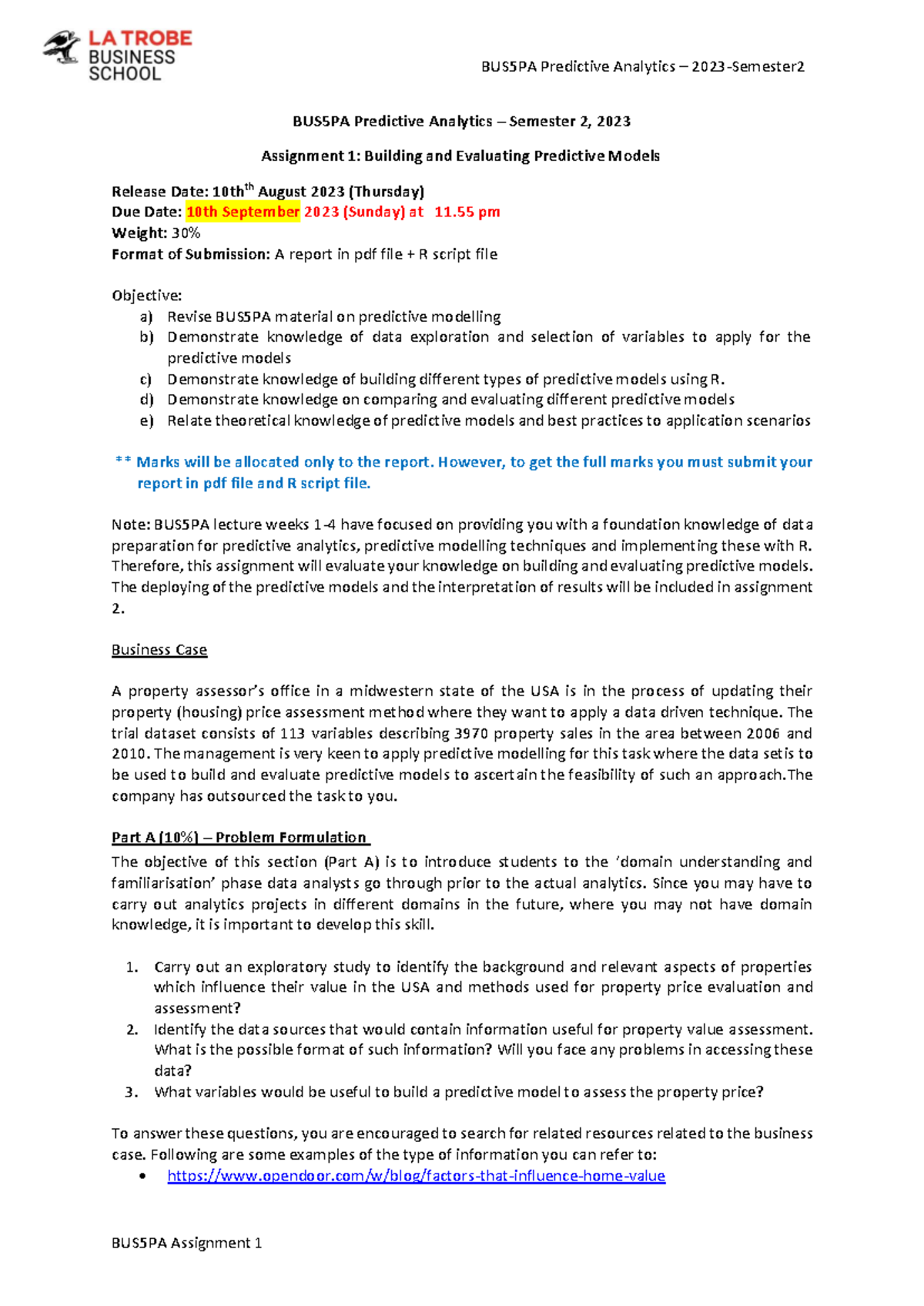 BUS5PA Assignment 1 2023-Sem2 - BUS5PA Predictive Analytics – Semester 2, 2023 Assignment 1 ...